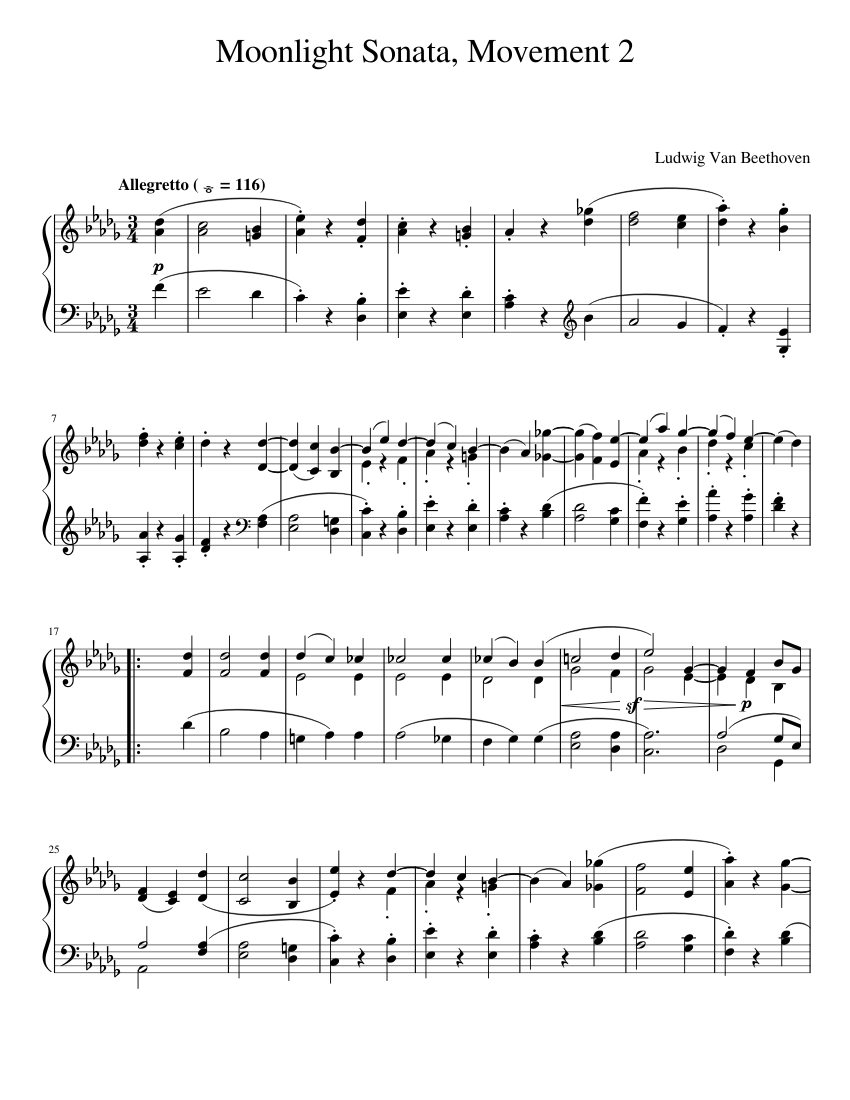 Sonata No 14, op. 27, No.2 Second Movement (Moonlight Sonata) Sheet ...