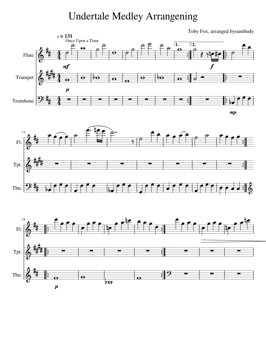 Undertale Medley Arrangening Sheet Music for Trombone, Flute, Trumpet ...