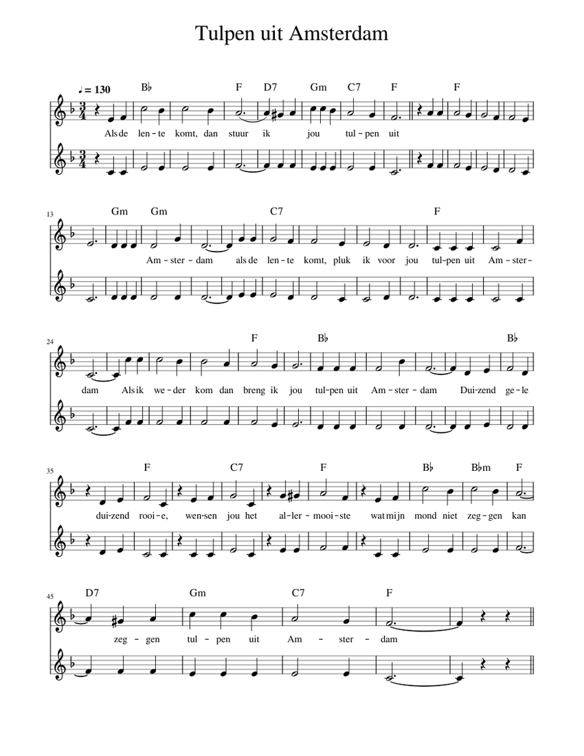 Tulpen uit Amsterdam Sheet Music with Chords for Piano (Piano Duo ...