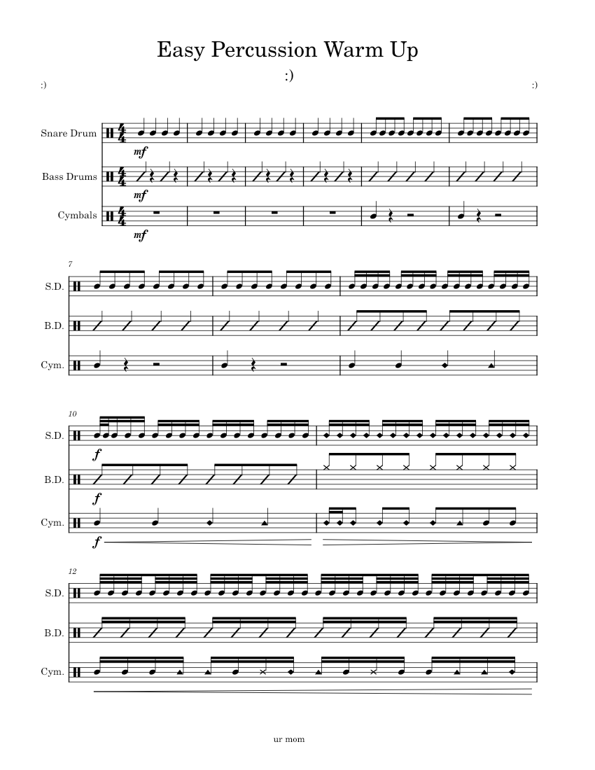 Easy_Percussion_Warm_Up Sheet music for Snare drum, Crash, Bass drum ...