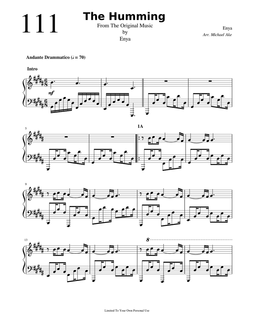 The Humming - Enya Sheet music for Piano (Solo) | Musescore.com