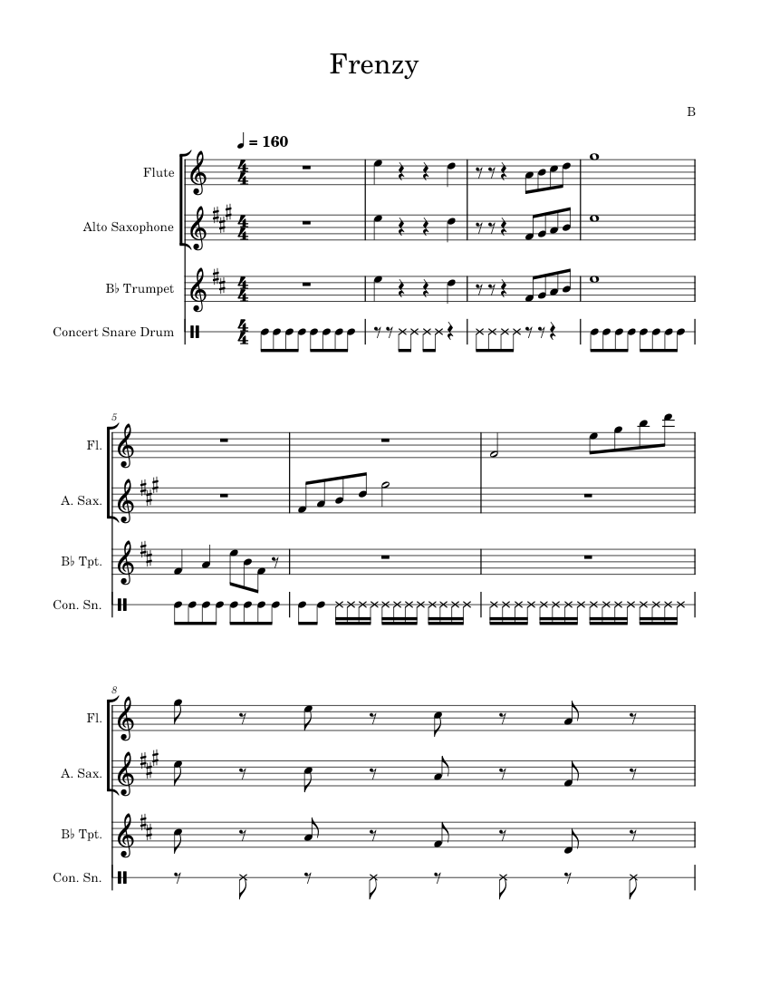 Frenzy Sheet music for Flute, Saxophone alto, Trumpet in b-flat, Snare ...
