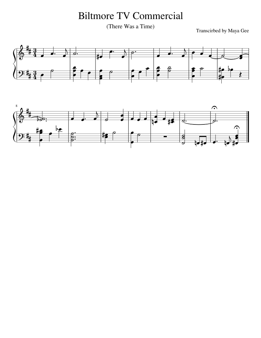 Biltmore TV Commercial Song Sheet Music for Piano (Solo) Easy ...
