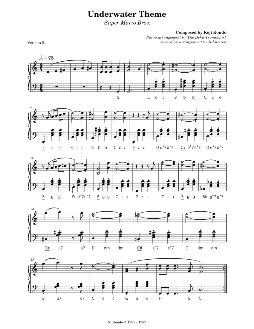 Underwater Theme - Super Mario Bros. Sheet Music for Accordion (Solo ...