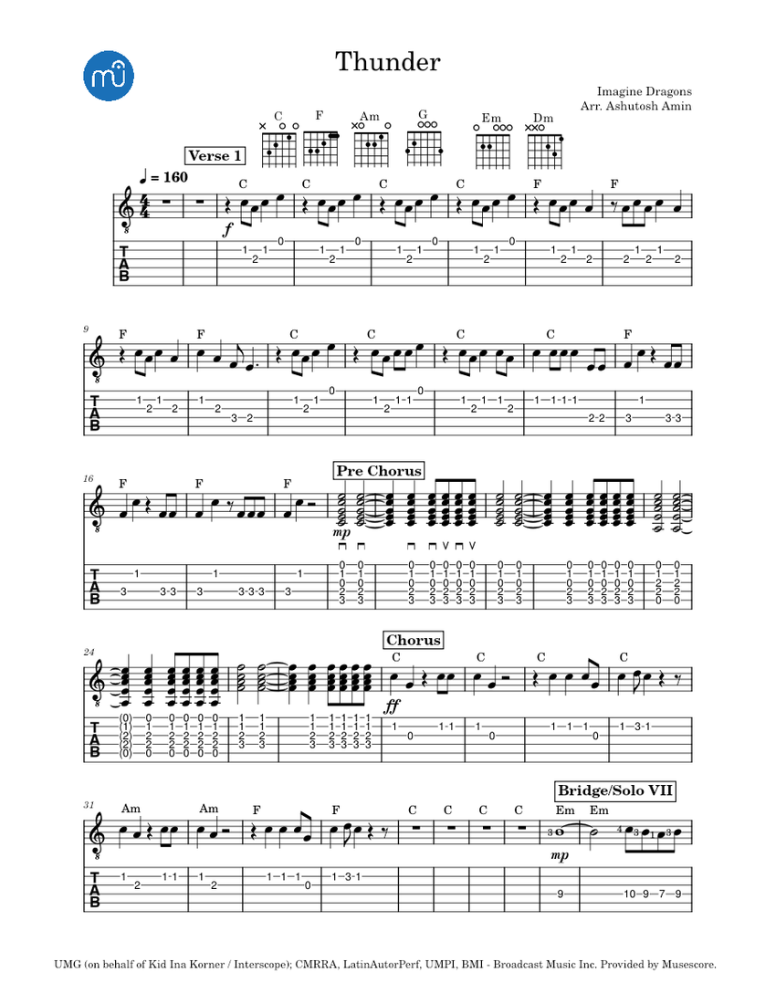Thunder – Imagine Dragons GTRC99 M10-Thunder Sheet Music and Tab with ...