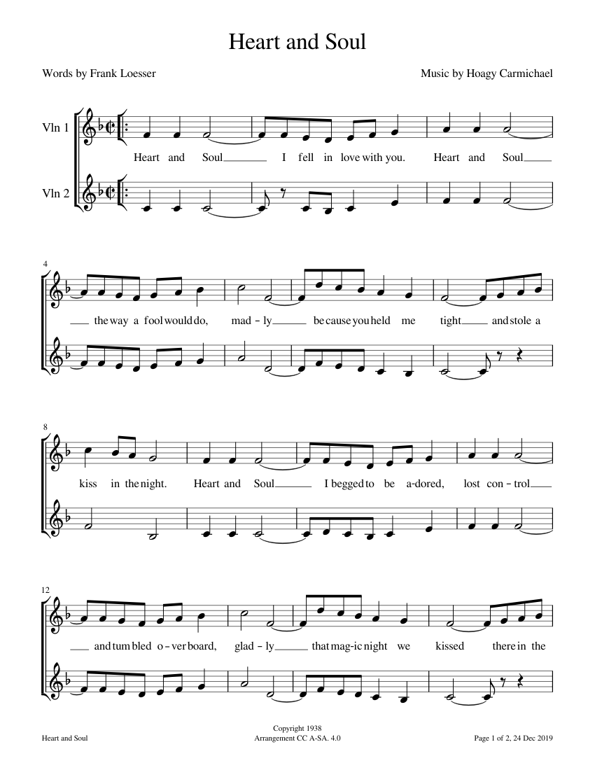 Heart and Soul Sheet Music for Violin (String Duet) | MuseScore.com