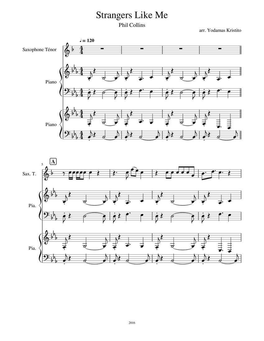 Strangers Like Me Phil Collins Sheet Music For Piano Saxophone Tenor