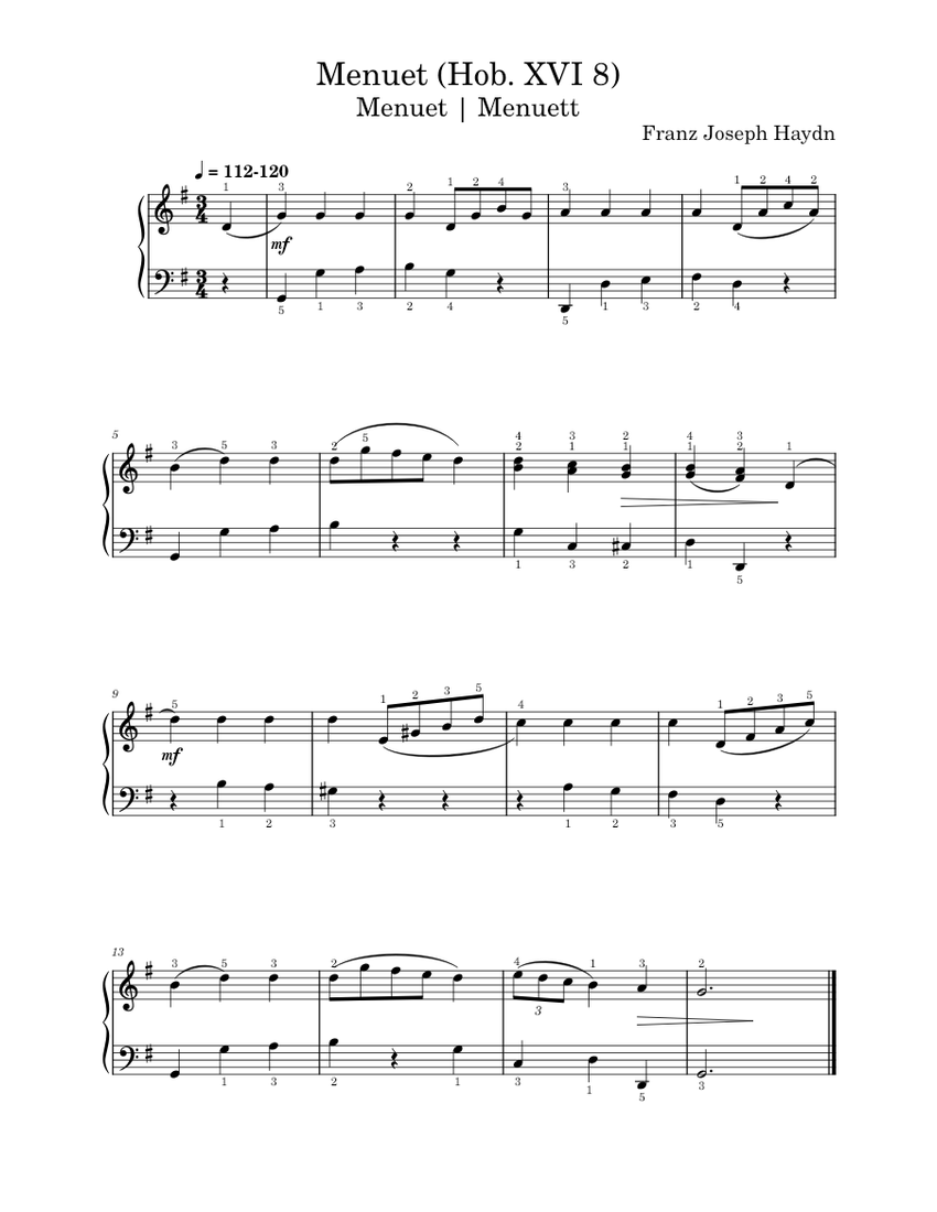 Menuet Hob. XVI 8 – Joseph Haydn Sheet Music for Piano (Solo) easy ...