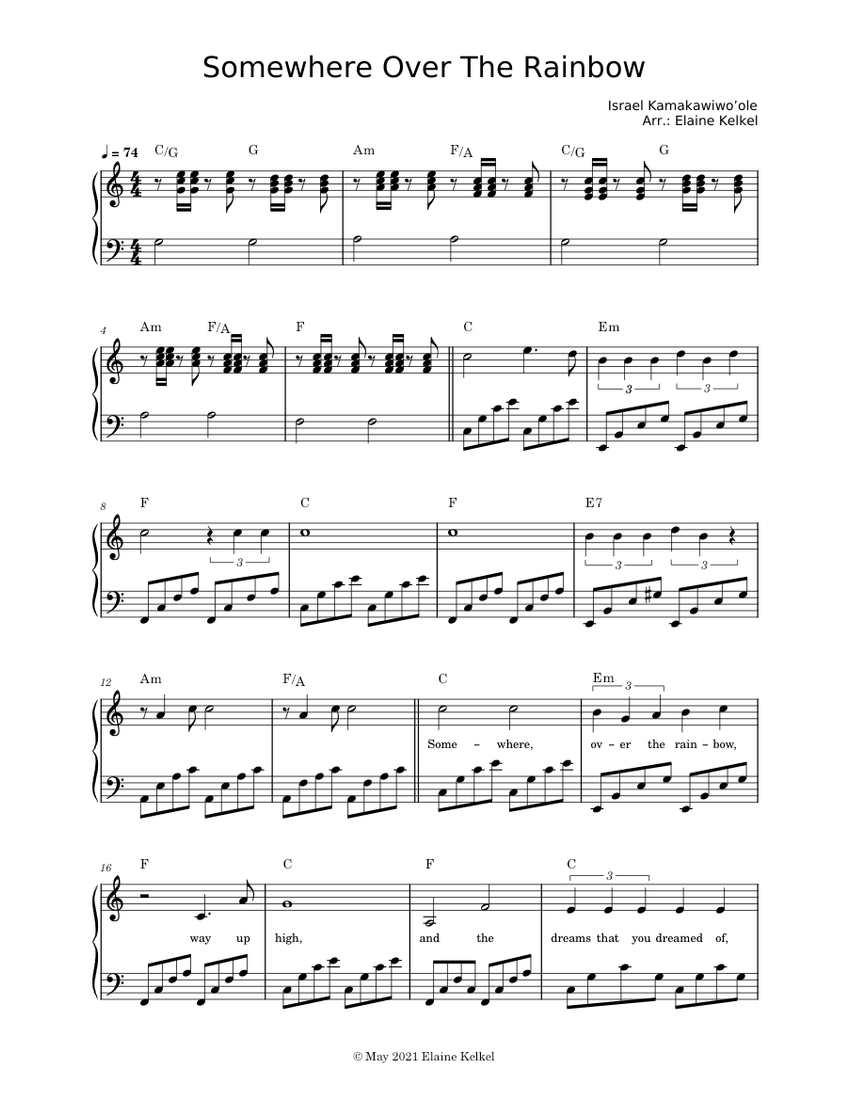 Somewhere over the Rainbow (solo piano) - Israel Kamakawiwoʻole Sheet ...