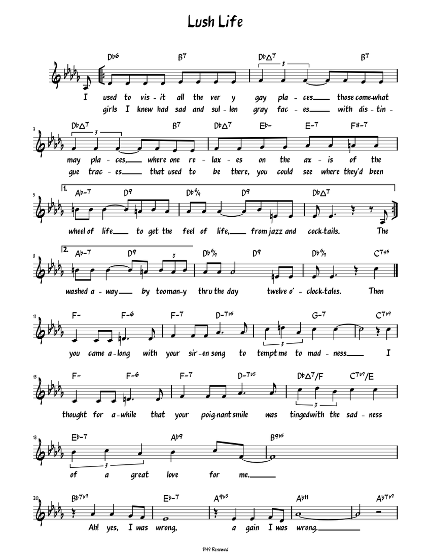 Lush Life (Lead sheet with verse and lyrics ) Sheet Music with Chords ...