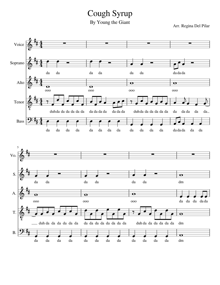 Cough Syrup - Young The Giant (2.0) Sheet Music for Soprano, Alto ...