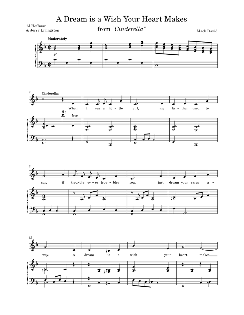 A Dream is a Wish Your Heart Makes, from "Cinderella" Sheet Music for ...