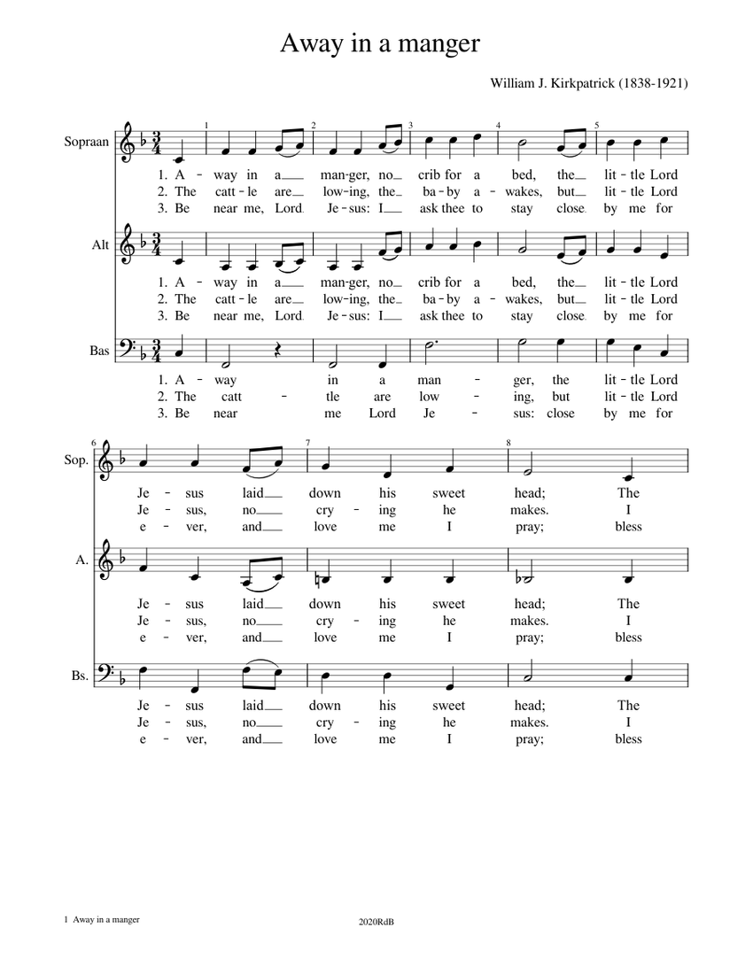 Away in a manger Sheet Music for Soprano, Alto, Bass voice (SATB ...