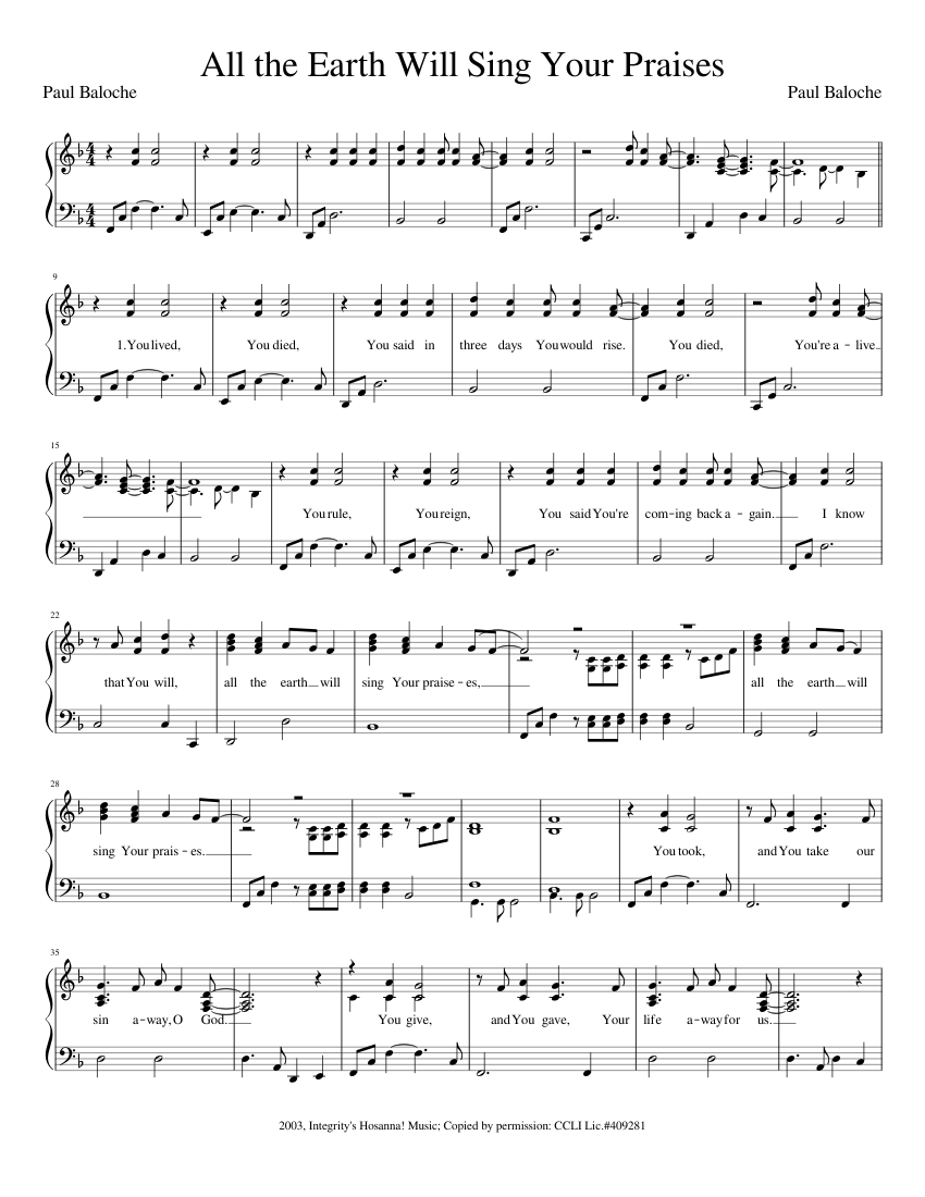All the Earth Will Sing Your Praises Sheet Music for Piano (Solo) easy ...