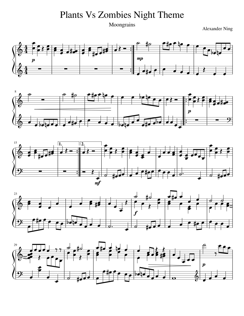 Plants Vs Zombies Night Theme Sheet Music for Piano (Solo) Easy ...