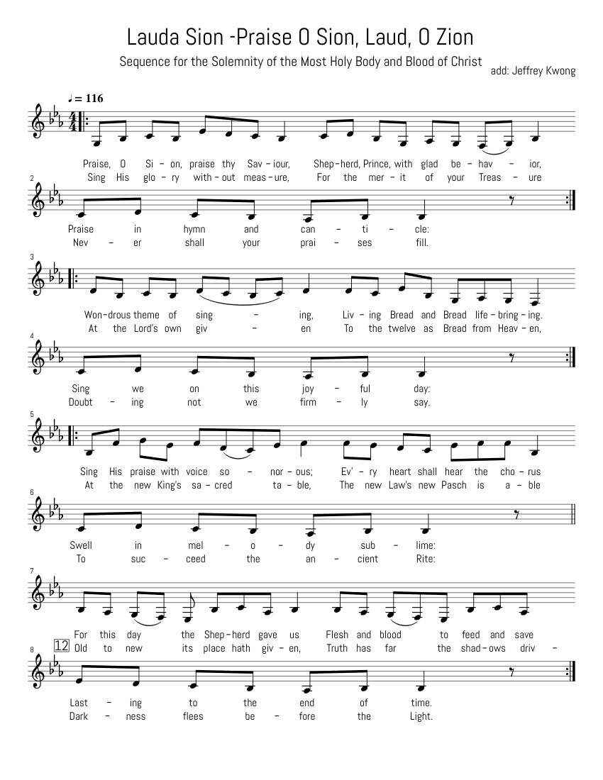 Lauda Sion, Praise O Sion, Laud, O Zion - Corpus Christi Sheet Music ...