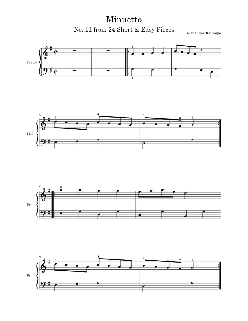 Minuetto - No. 11 From 24 Short And Easy Pieces – Alexander Reinagle ...