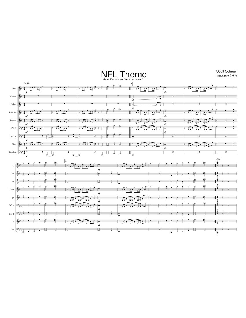 NFL Theme Sheet Music for Trombone, Tuba, Flute, Clarinet in b-flat ...