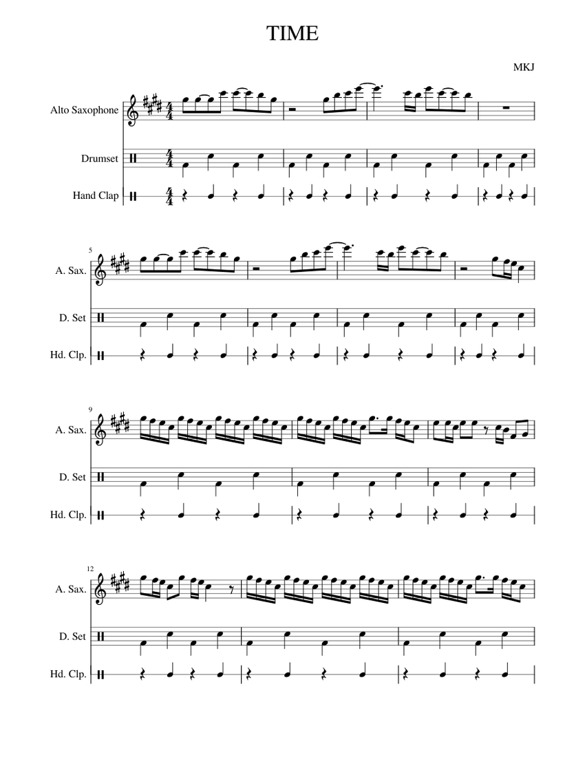 TIME - MKJ Sheet Music for Saxophone alto, Drum group, Hand clap (Mixed ...