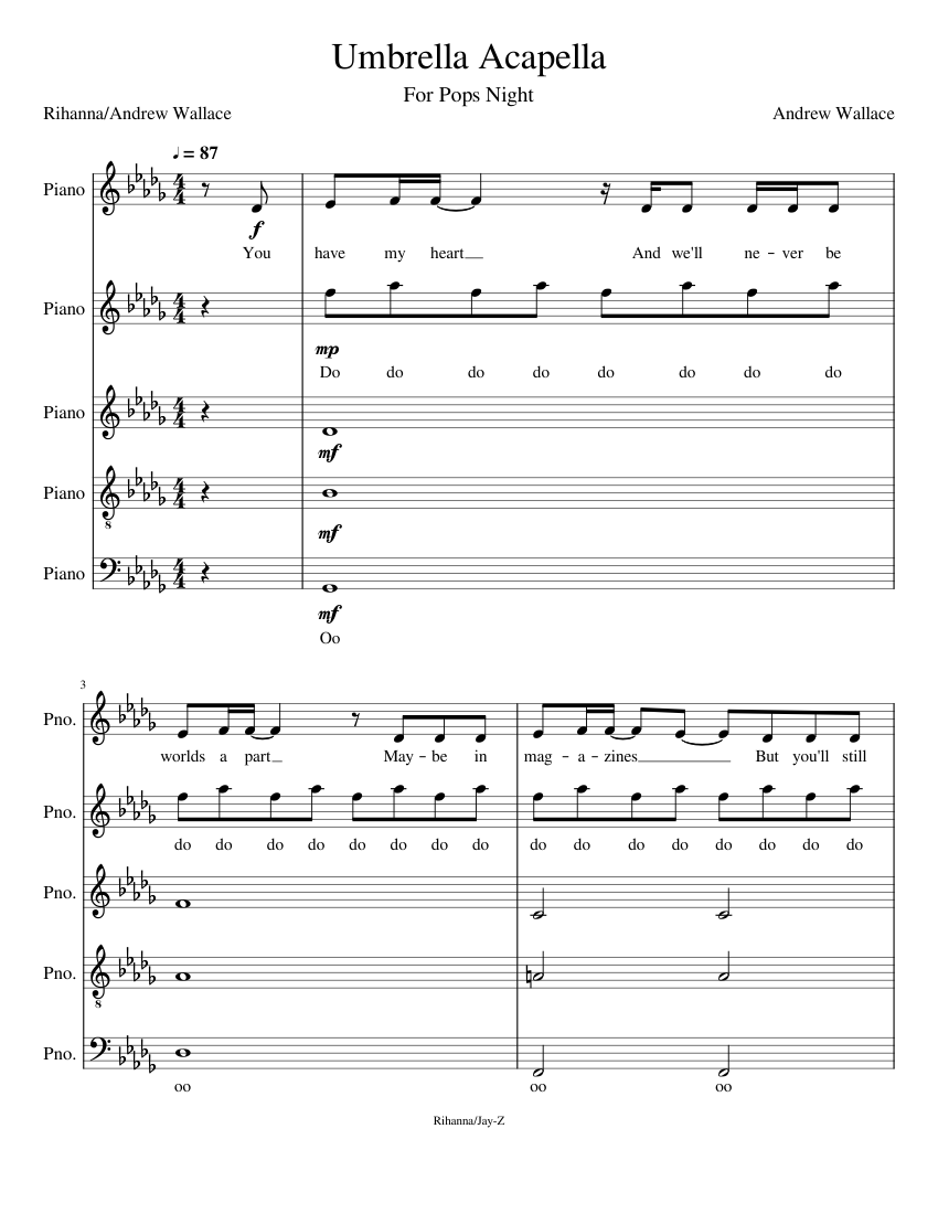 Umbrella Acapella Sheet Music for Piano (Mixed Quintet) | MuseScore.com