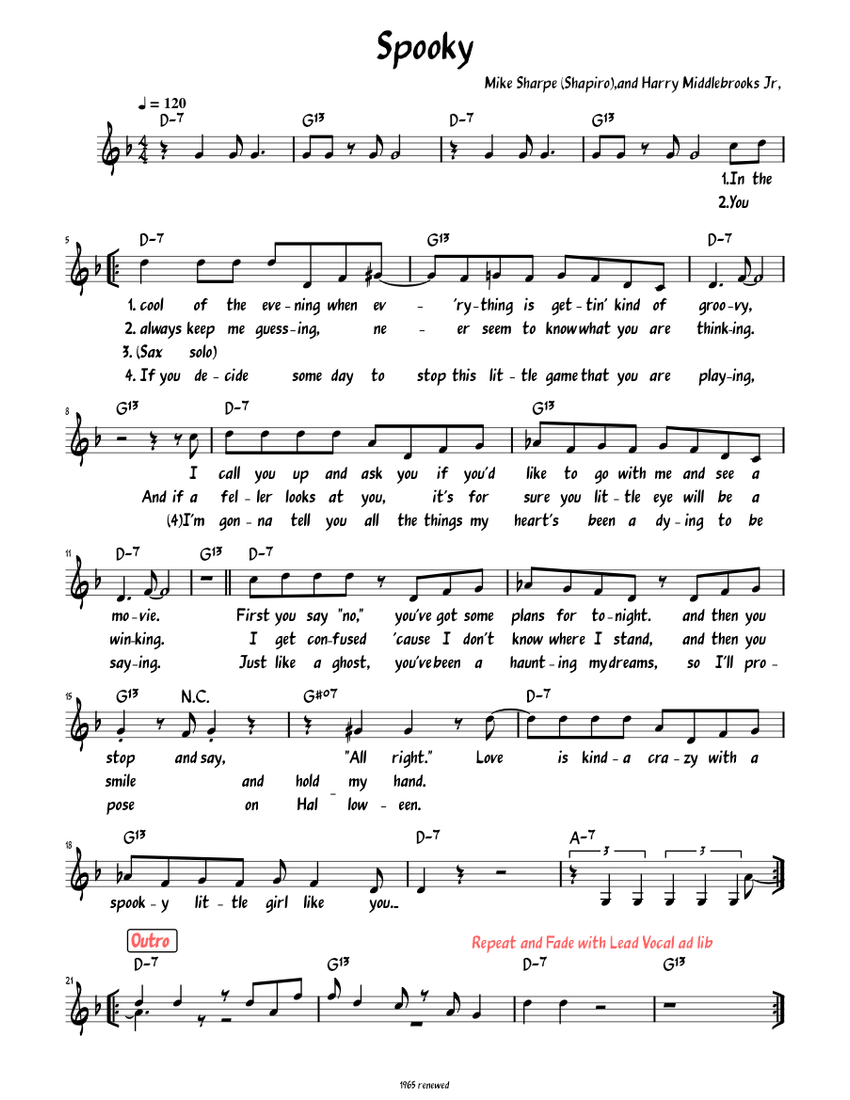 Spooky (Lead sheet with lyrics ) -- USE FOR iPAD Sheet Music with ...