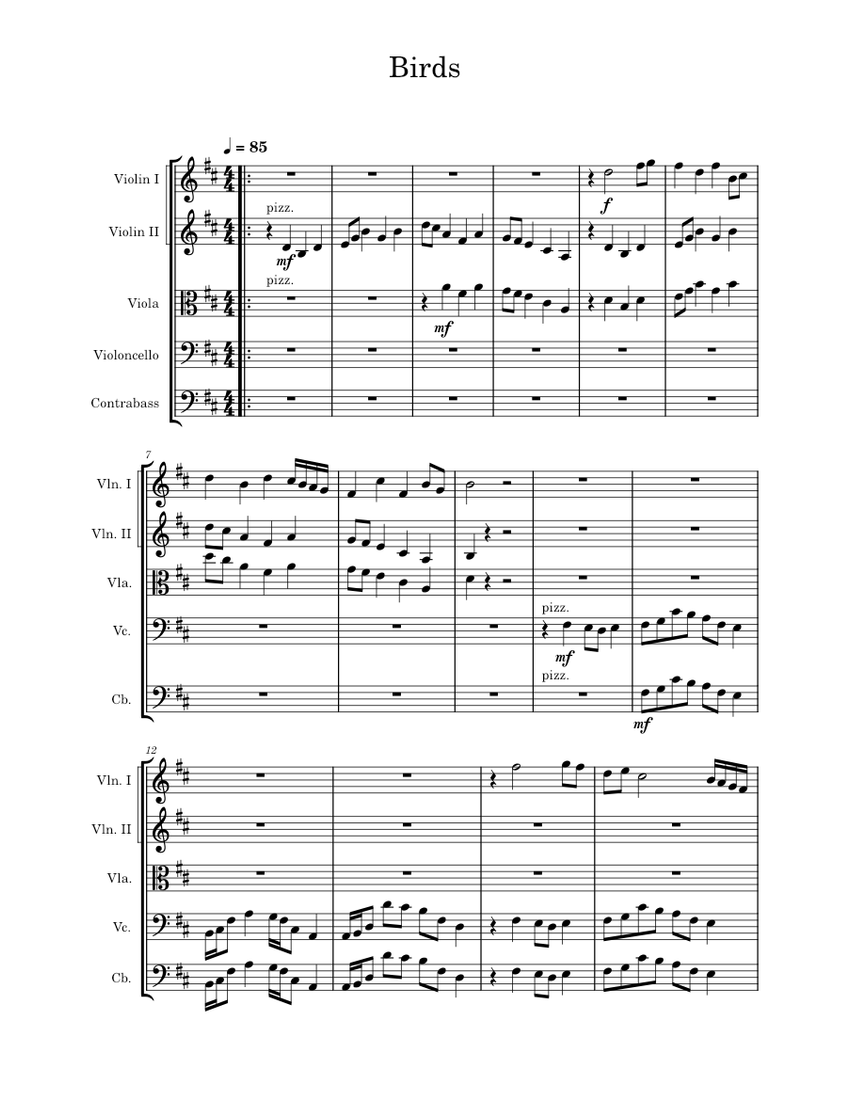 Birds Sheet Music for Contrabass, Violin, Viola, Cello (String Ensemble ...