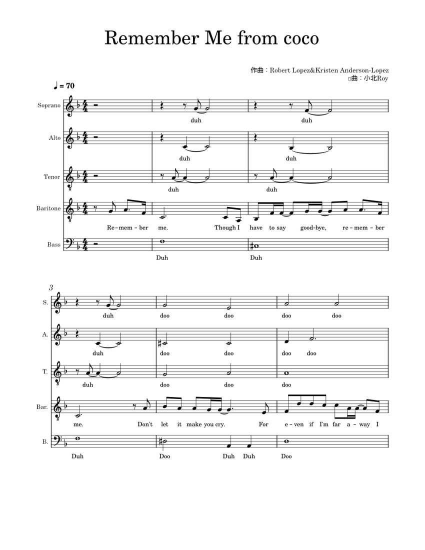 Remember_Me from COCO( Acapella ver.) Sheet music for Piano (SATB ...