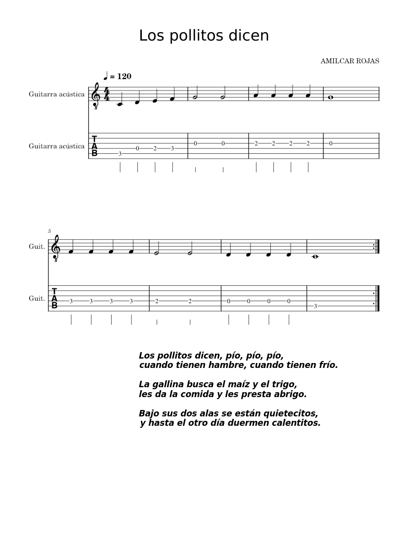 LOS POLLITOS DICEN - AMILCAR ROJAS Sheet music for Guitar (Mixed Duet ...