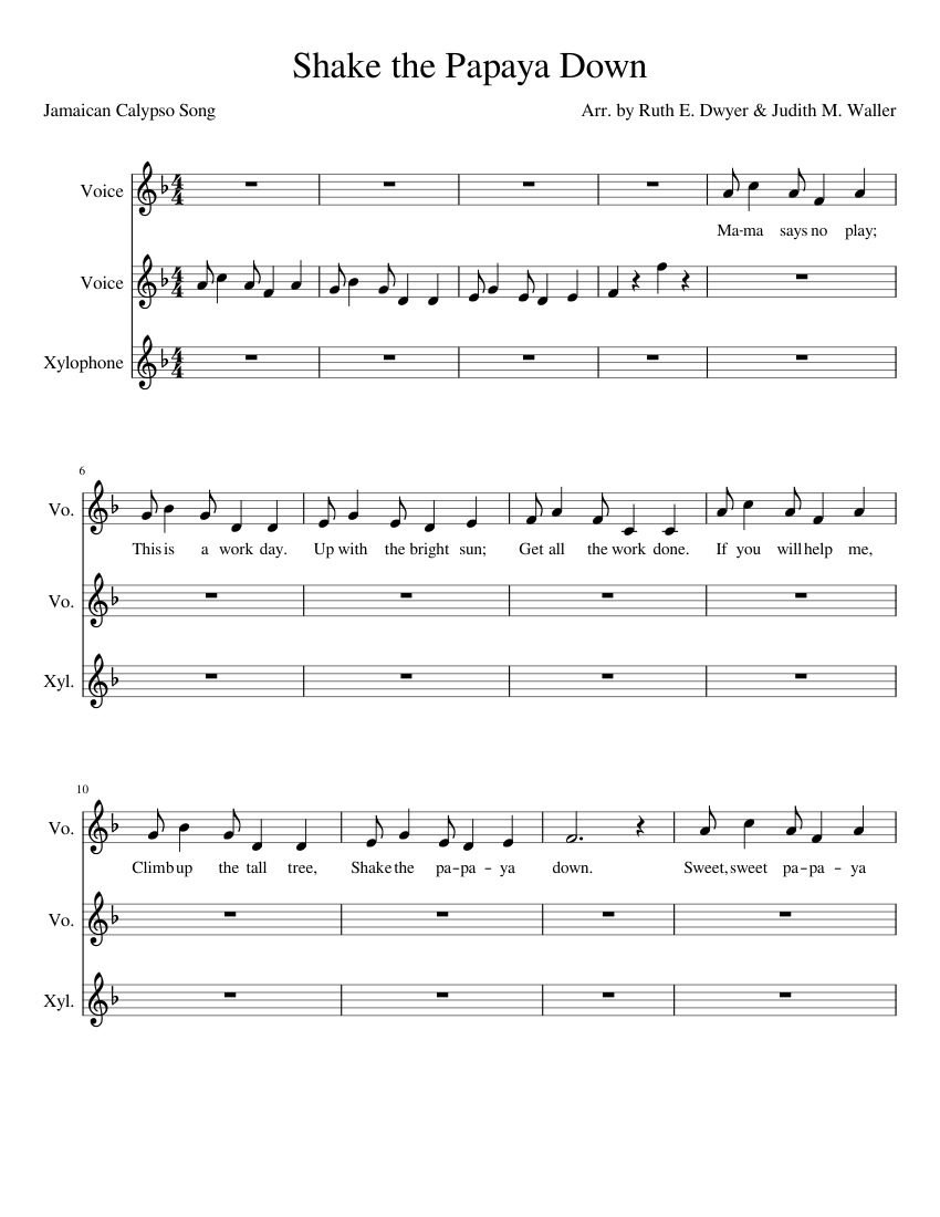 Shake the Papaya Down Sheet Music for Vocals, Xylophone (Mixed Trio ...