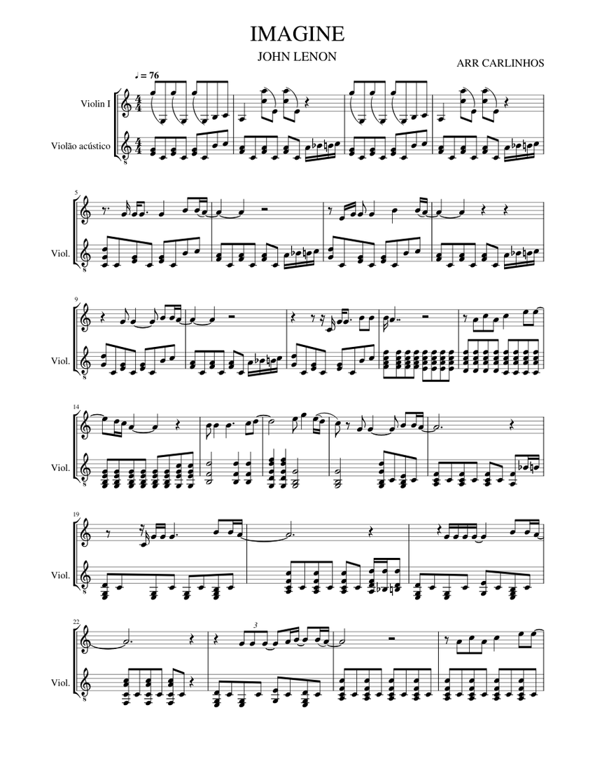 IMAGINE "JONH LENON" VIOLINO E VIOLÃO Sheet Music for Violin, Guitar ...