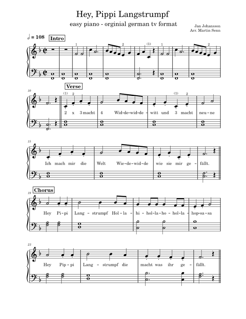 Hey pippi langstrumpf – Misc Children Sheet music for Piano (Solo ...