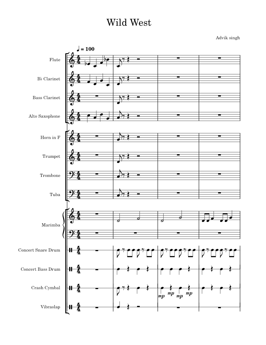 Wild West Sheet music for Trombone, Tuba, Flute, Clarinet in b-flat ...