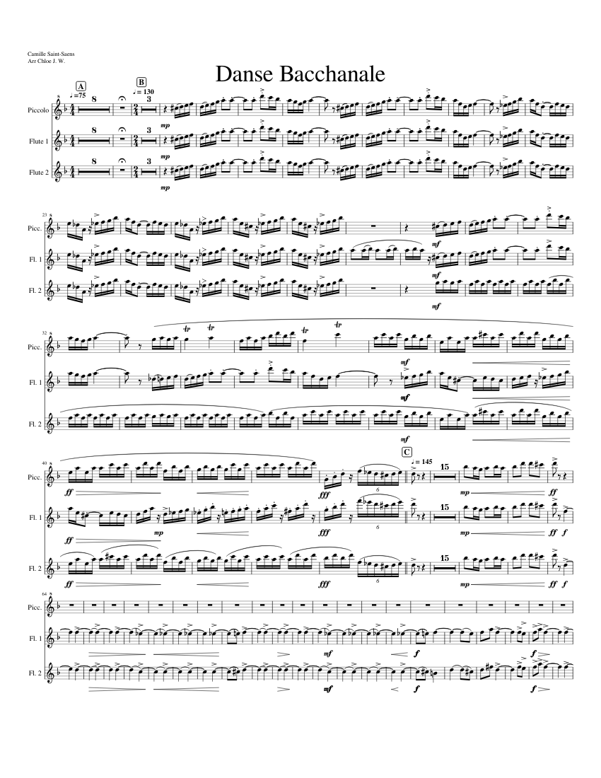 Danse bacchanale flute and piccolo Sheet Music for Flute piccolo, Flute (Mixed Trio) | MuseScore.com