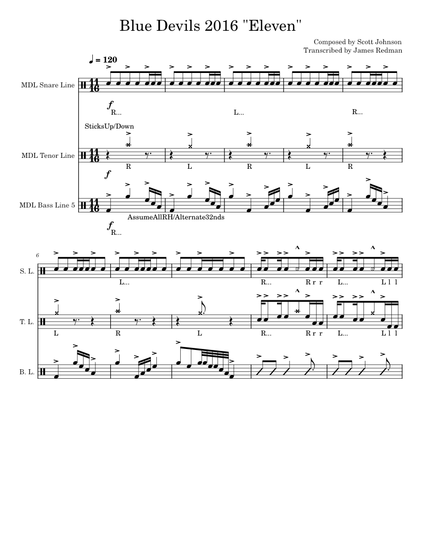 Blue Devils 2016 "Eleven" Sheet music for Snare drum, Tenor drum, Bass ...