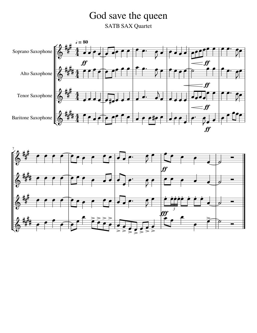 God save the queen SATB Sheet Music for Saxophone alto, Saxophone tenor ...