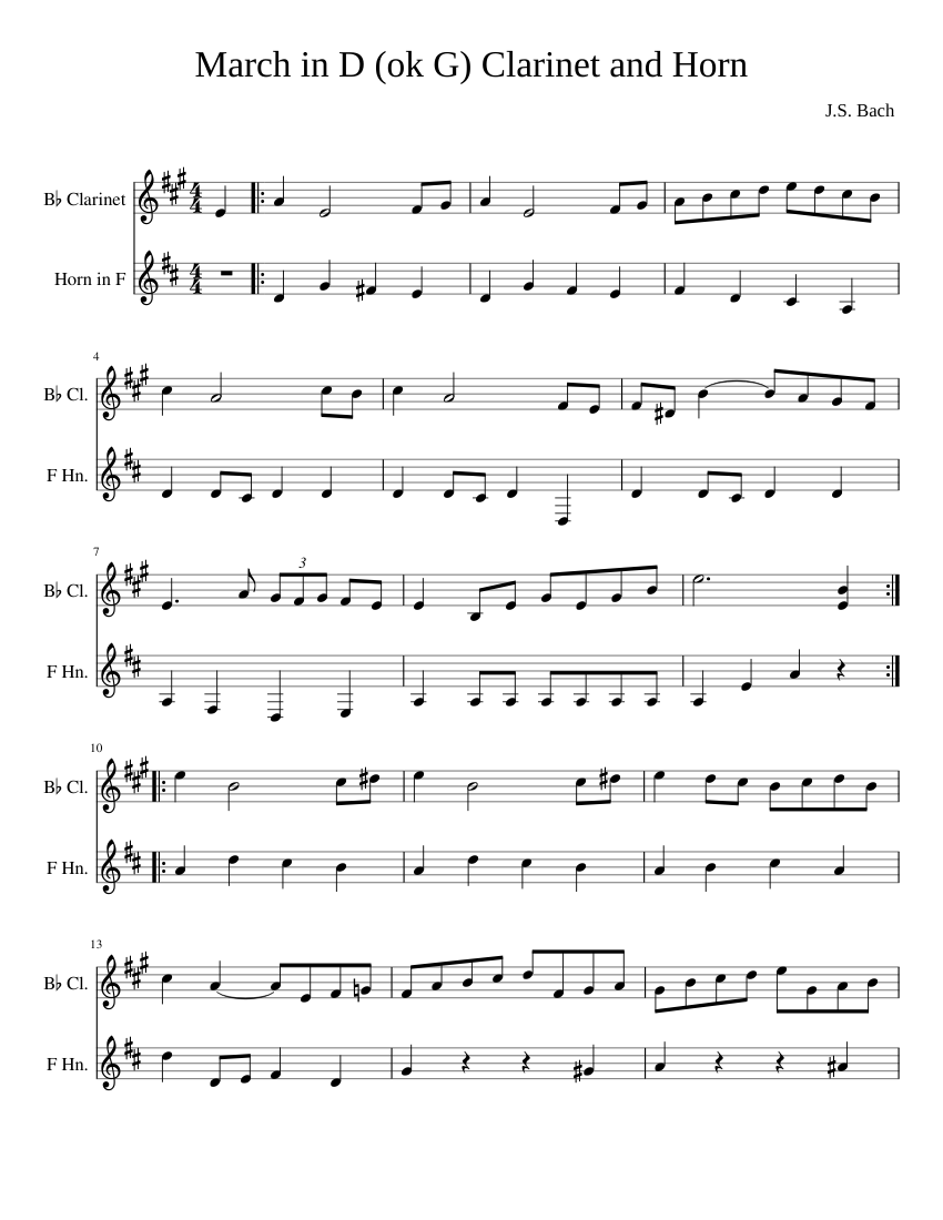 March in D (ok G) Clarinet and Horn Sheet Music for Clarinet in b-flat ...