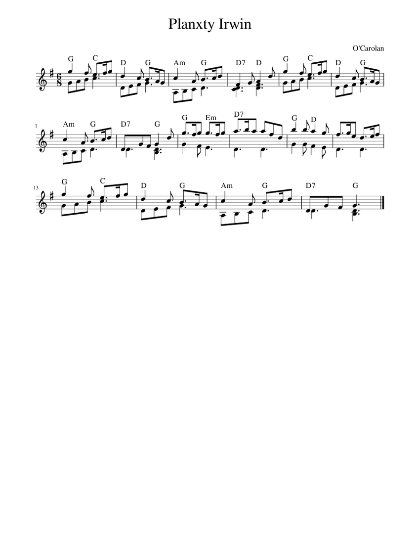Planxty Irwin - Turlough O’Carolan Sheet Music for Piano (Solo) Easy ...
