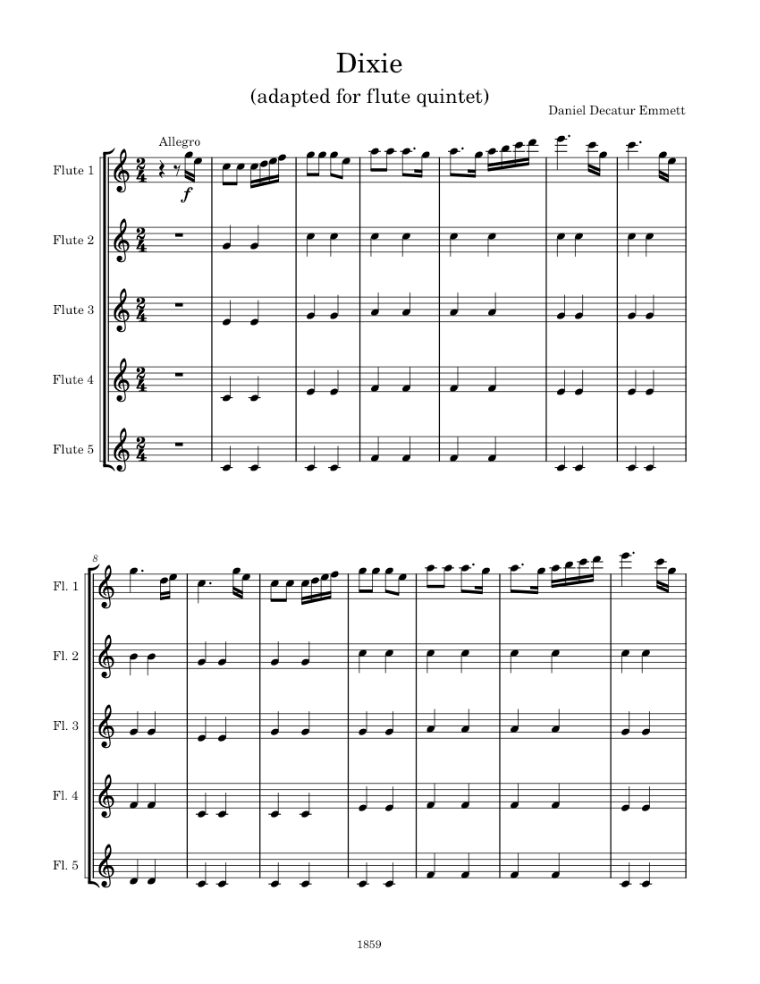 Dixie – Daniel Decatur Emmett Sheet Music for Flute (Woodwind Quintet ...