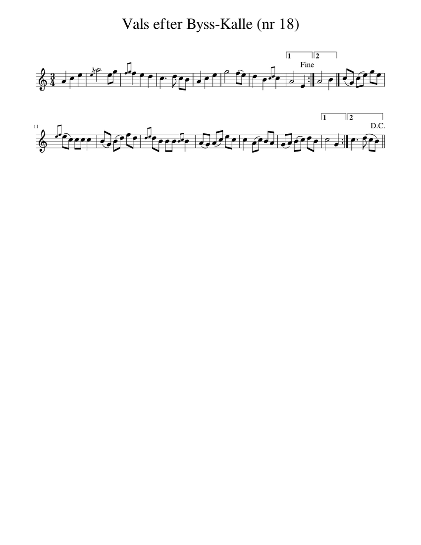 Vals efter Byss-Kalle (nr 18) Sheet music for Piano (Solo) Easy ...