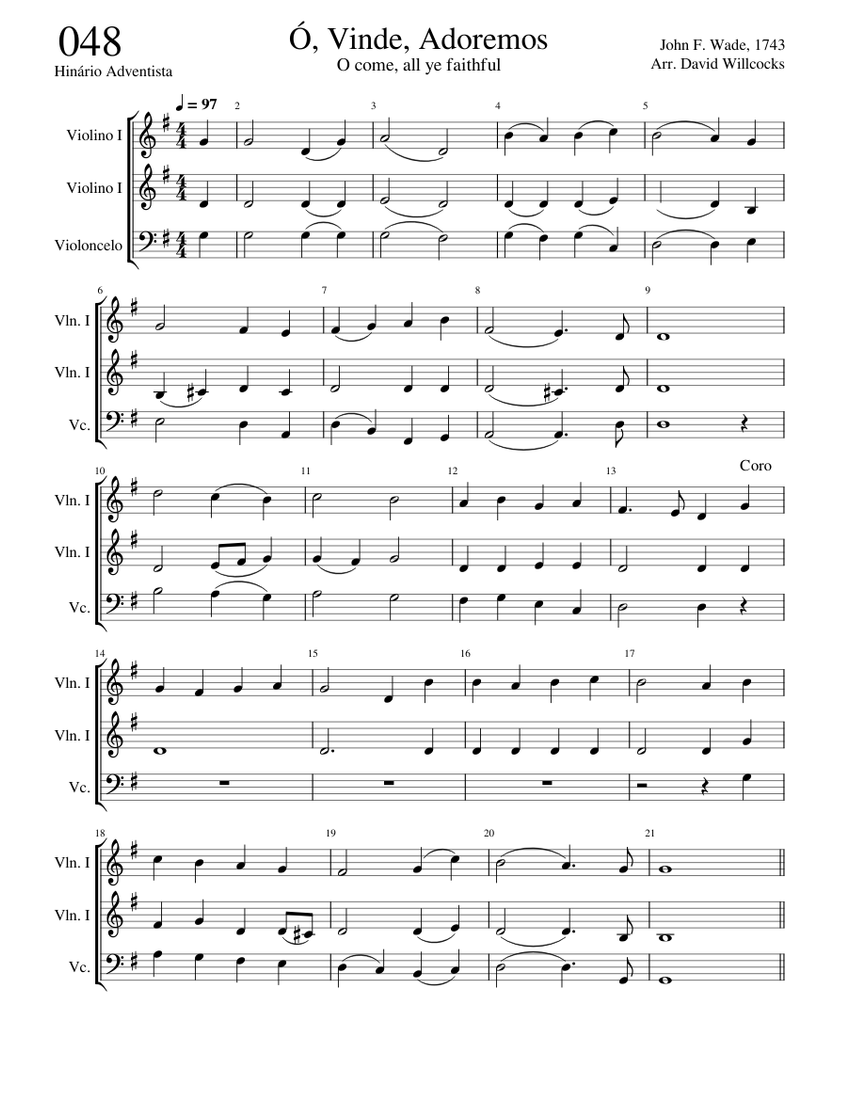 048 Ó, Vinde, Adoremos HINÁRIO ADVENTISTA Sheet Music with Chords for Violin, Cello (Mixed Trio ...