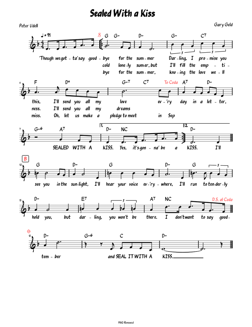 Sealed with a Kiss (Lead sheet with lyrics ) Sheet music for Piano ...
