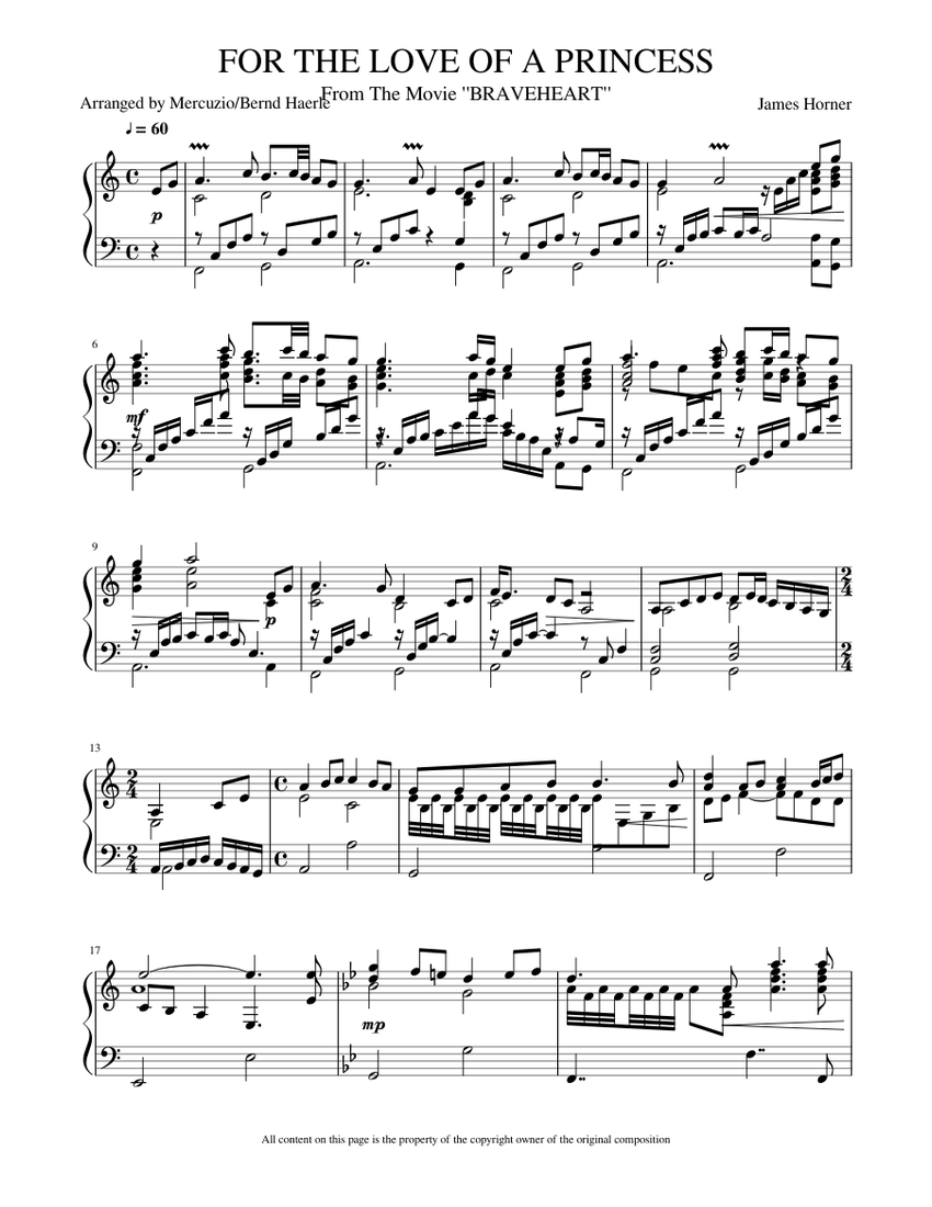 FOR THE LOVE OF A PRINCESS (Piano Solo) Sheet Music for Piano (Solo ...