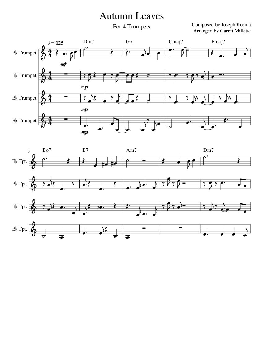 Autumn Leaves Trumpet Quartet Sheet Music with Chords for Trumpet in b ...