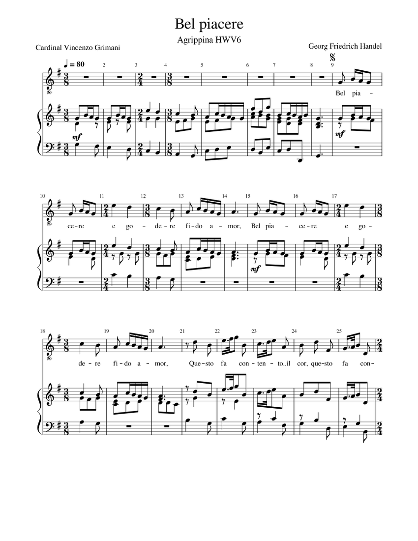 Bel piacere (Agrippina) Sheet Music for Piano, Vocals (Piano-Voice) | MuseScore.com