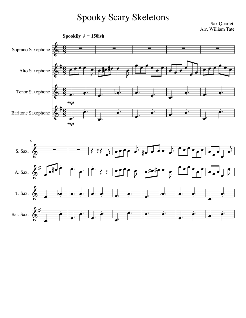 Spooky Scary Skeletons [Sax Quartet] Sheet music for Saxophone alto ...