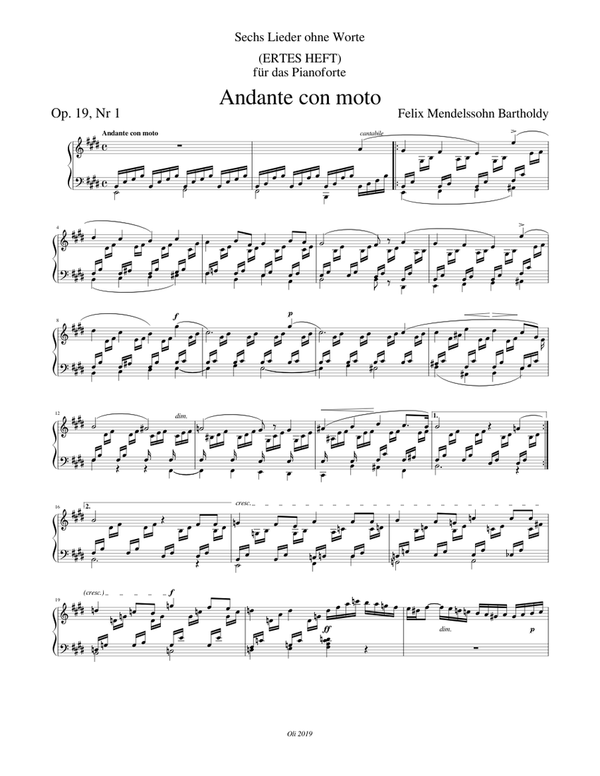 Mendelssohn F., Sechs Lieder ohne Worte, Andante con moto Sheet Music ...