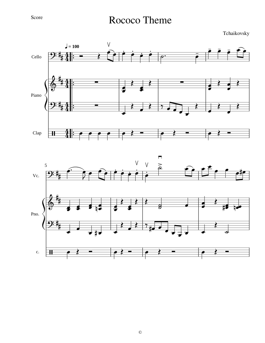 Rococo Theme Sheet Music for Piano, Cello, Hand clap (Mixed Trio ...