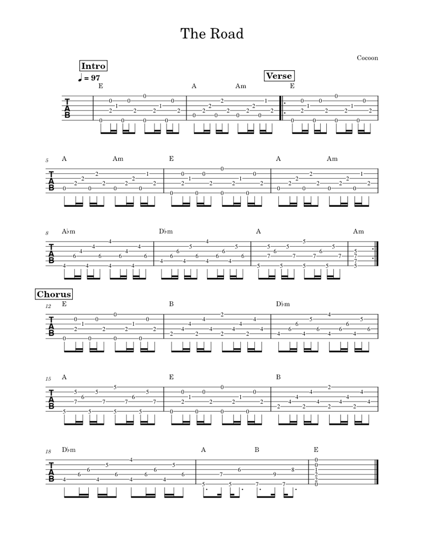 The Road – Cocoon Sheet Music and Tab with Chords for Guitar (Solo ...