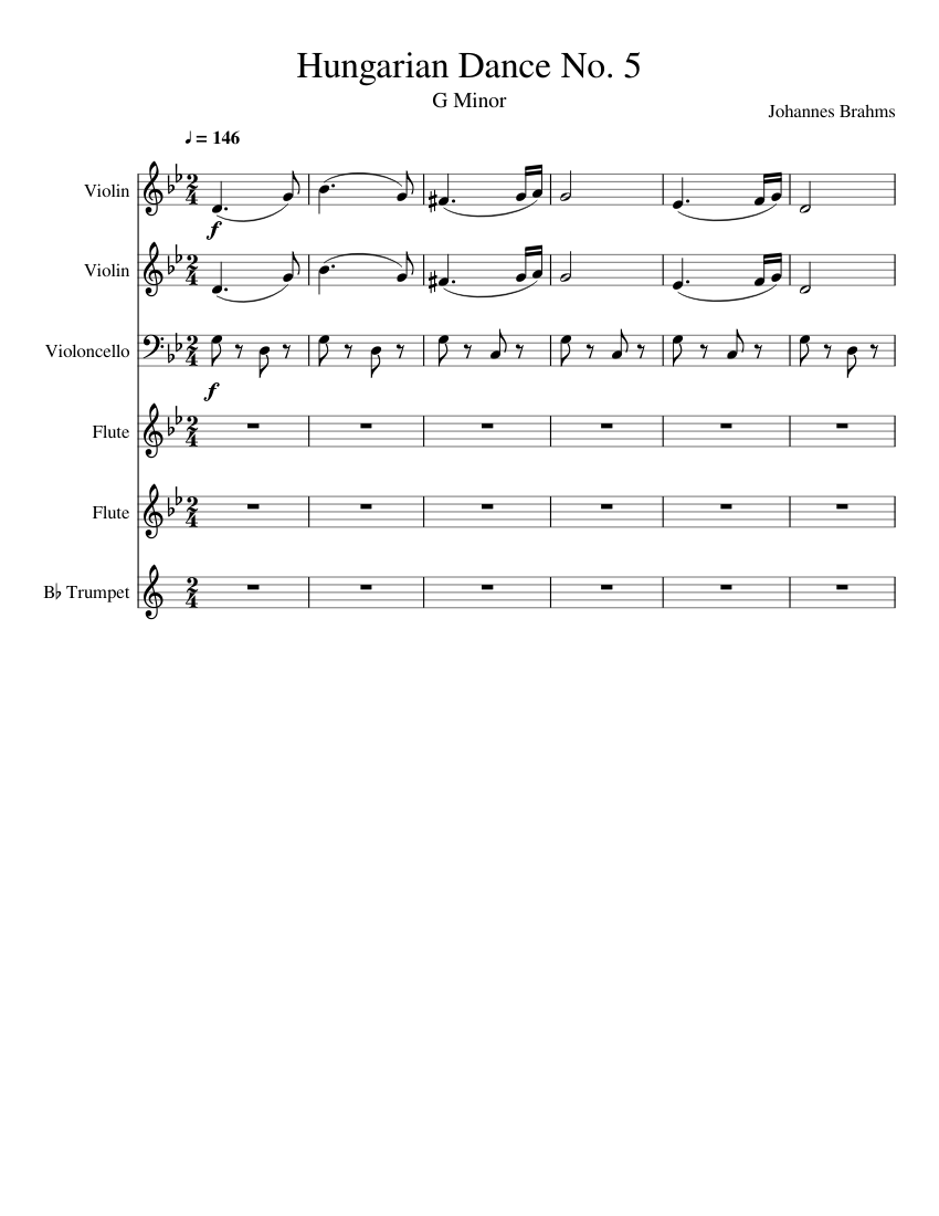 Hungarian Dance No 5 Sheet music for Flute, Trumpet in b-flat, Violin ...