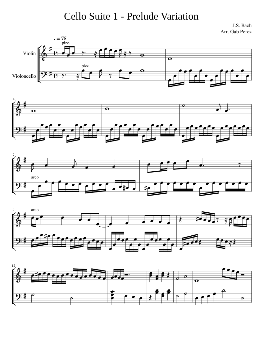 Cello Suite 1 - Prelude Variation Sheet Music for Violin, Cello (String Duet) | MuseScore.com